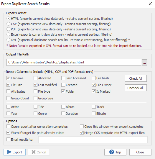 Export and Import Duplicate Search Results
